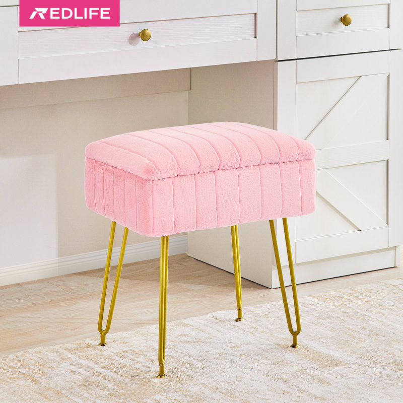 Redlife Faux Fur Vanity Stool with Storage Gold Metal Legs Footrest Footstool Ottoman Multifunctional Makeup Vanity Chair Mercer41 Seat Color Pink